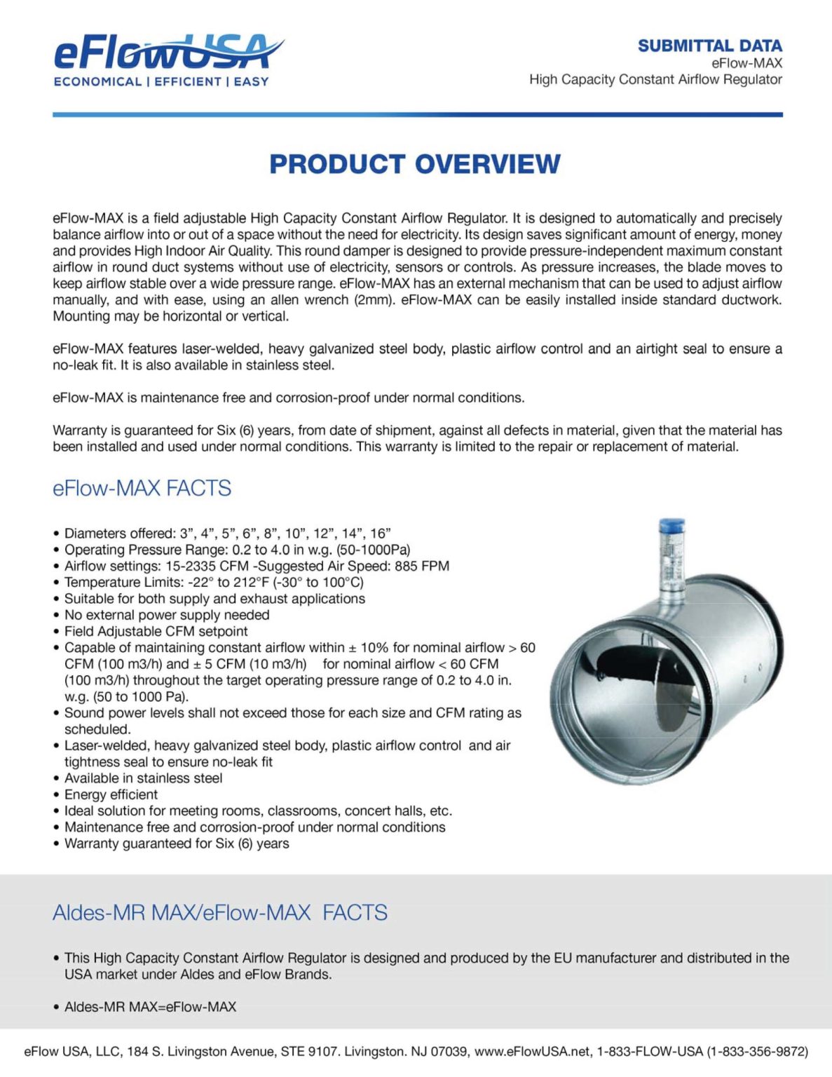 eFlow MAX and MAX Low Flow Submittal Data Sheet - eFlow USA
